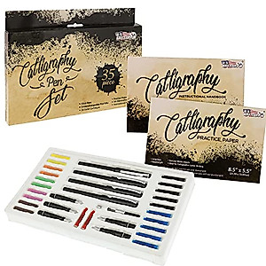 U.S. Art Supply 35-Piece Calligraphy Pen Writing Set - 4 Calligraphy Pens, 5 Size Styles of Pen Nibs, 22 Ink Cartridges, Instructional Handbook, Practice Paper Pad - Kids, Students, Adults Starter Kit