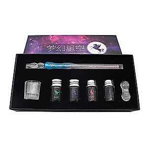 XIAOYU 7 Pieces Glass Dip Pen Set Handmade Starry Sky Calligraphy Pen and 4 Bottle Inks - Lake Blue