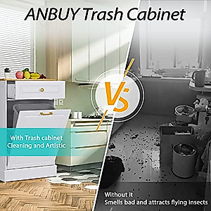 Anbuy Tilt Out Trash Cabinet Can Bin Kitchen Wooden Trash Can Free Standing Holder Recycling Cabinet with Hideaway Drawer Wooden Trash Holder (White)