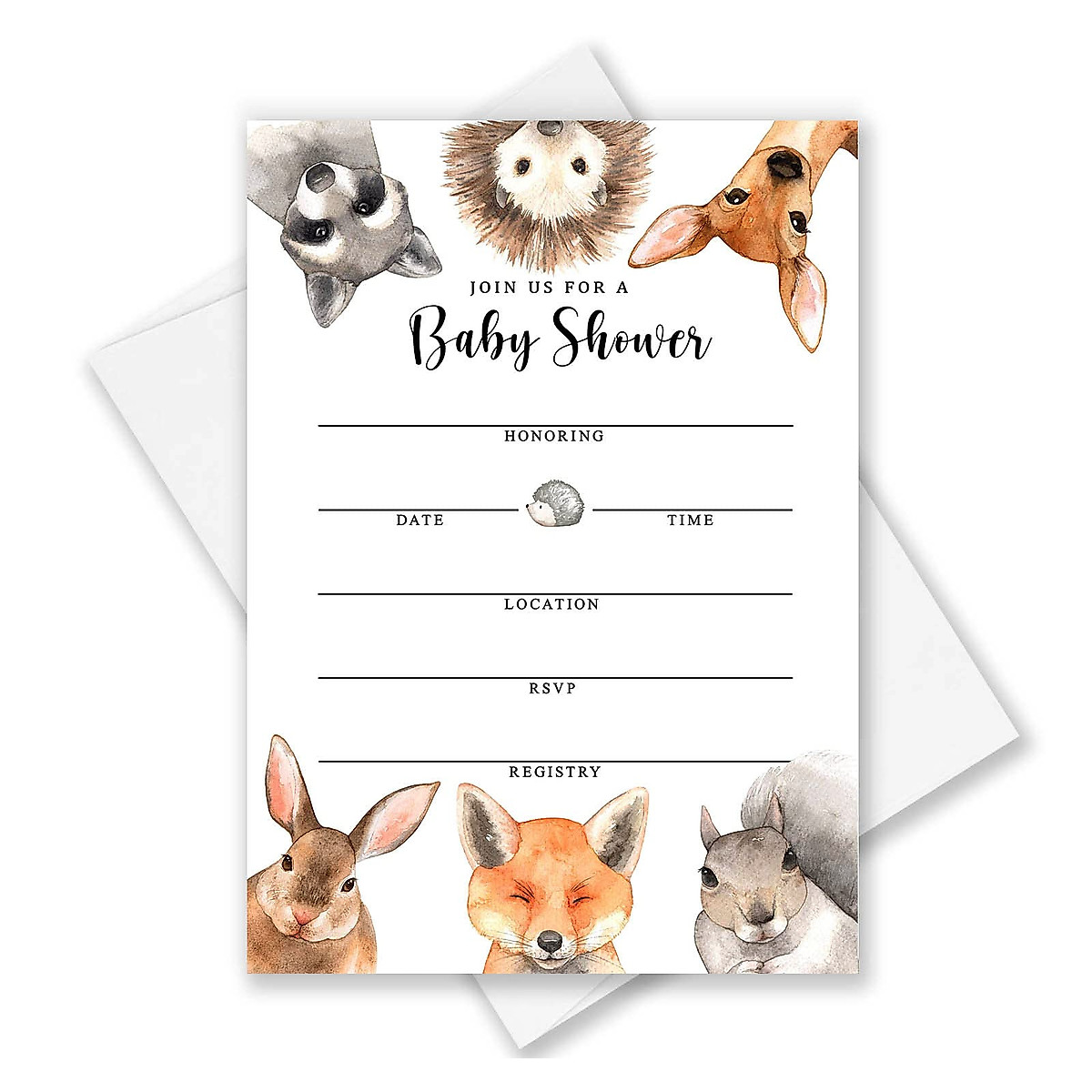 Yuzioey Woodland Baby Shower Invitations, 25 Pack Boy Woodland Invitations Macthing Envelpoes, Diaper Raffle Tickets, Book Request Cards