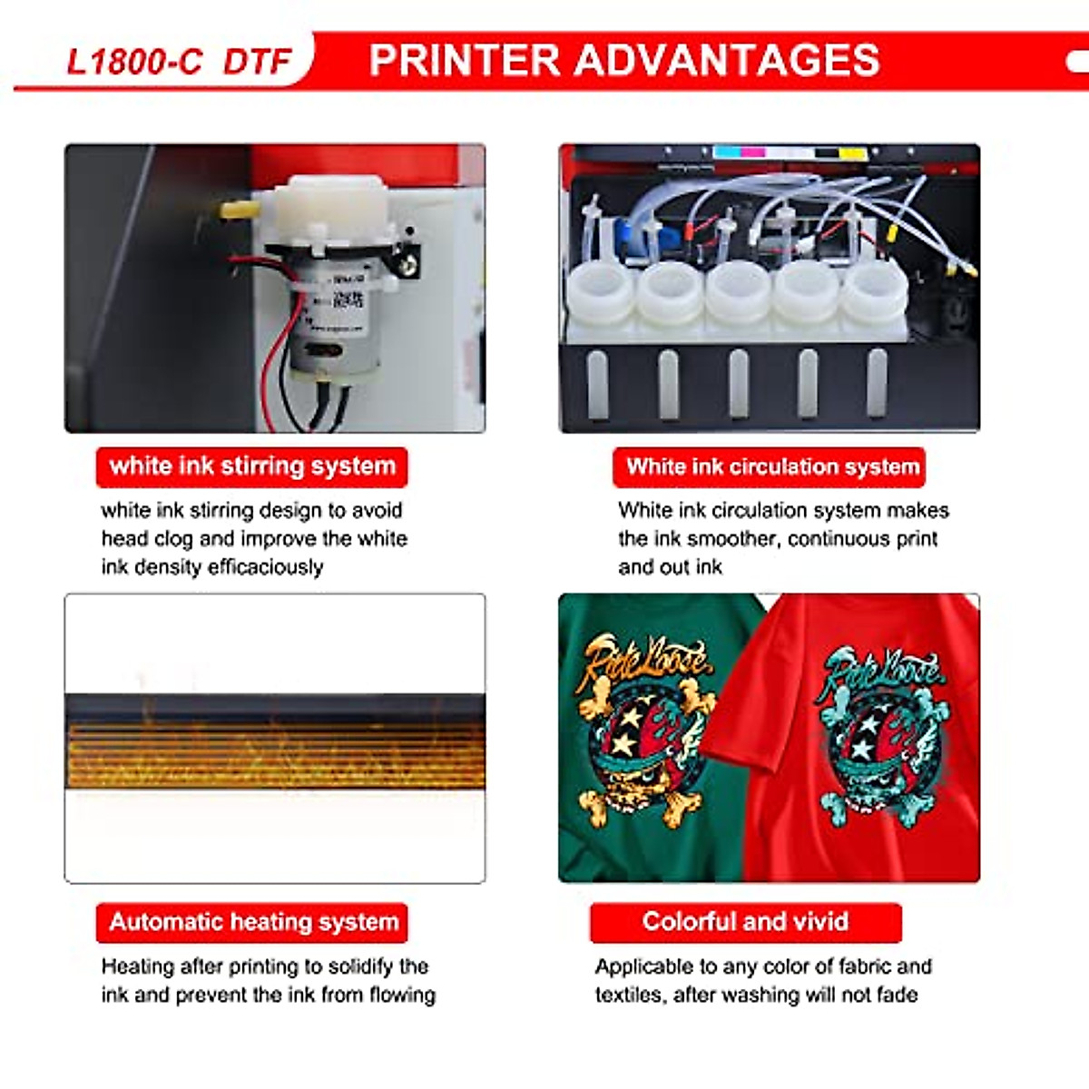 DTF Printer A3 L1800 Transfer Printer Machine Built-in White Ink Circulation System for Dark/Light T-Shirts, Hoodie,Pillow,Different Fabrics (DTF Printer +Oven+5 x 250ml Ink+100pcs PET Film)