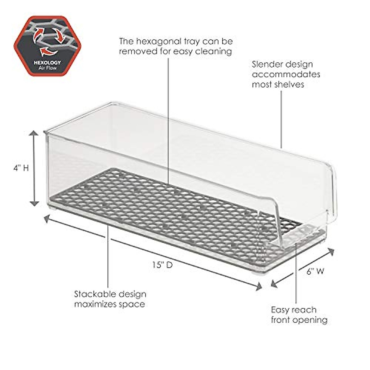 Spectrum Diversified Hexa in-Fridge Large Refrigerator Bin for Storage and Organization of Fruit Vegetables Produce and More, 15 x 6 x 4.25, Clear/Dark Gray