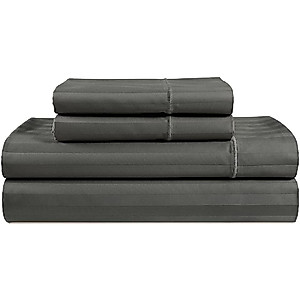 100% Egyption Cotton Cal King Solid Sheet Set & Damask Striped Sheets Set of 2 Combo- 800 Thread Count Sateen Weave Cal KIng Size Solid Sheets & Striped Sheets, Deep Pocket Cotton Bedsheets - Charcoal