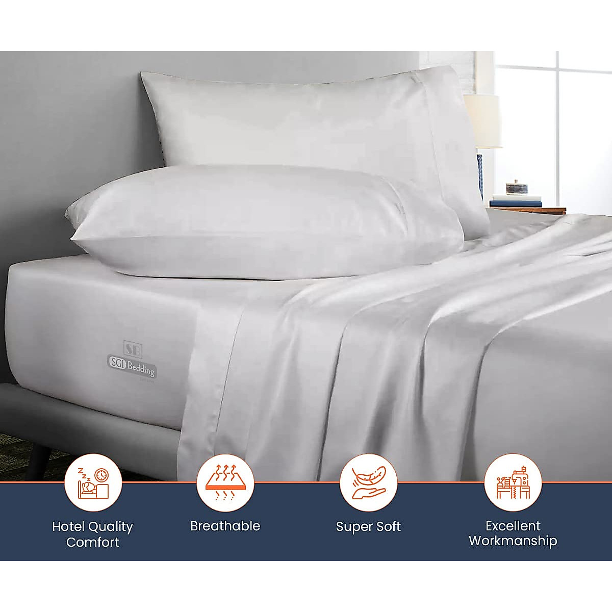 SGI 500 TC 100% Egyptian Cotton Bed Sheets, Luxurious Soft for Premium Hotel Quality 4Pc Sheet Set - 1 Fitted Sheet, 1 Flat Sheet & 2 Pillowcase 15" inch Deep Pocket (King, Light Grey Solid)