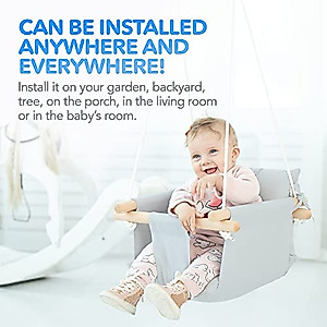 CaTeam - Canvas Baby Swing, Wooden Hanging Swing Seat Chair with Safety Belt, Durable Baby Swing Chair, Outdoor and Indoor Swing for Kids, Mounting Hardware Included, Gray