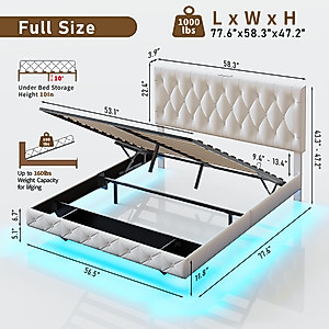 Full Size Lift Up Storage Bed Frame with Led Lights & Charging Station, Floating Bed Frame, Velvet Upholstered High Headboard Bed Frame, Hydraulic Storage/Innovative Stable Structure/Easy Assembly