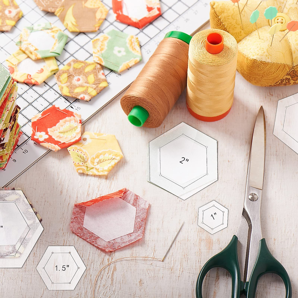 6 Pieces Hexagon Quilting Templates 1 Inch, 1.5 Inch, 2 Inch, 3 Inch, 4 Inch, 5 Inch with 1/4 Inch Seam Allowance, Acrylic Quilting Templates for DIY Quilting Sewing Crafts