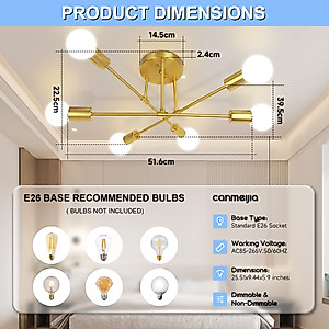 CANMEIJIA Modern Sputnik Chandelier, Ceiling Light Fixture Flush Mount 6-Lights Gold Chandeliers for Living Room Bedroom Dining Room Kitchen, Mid Century Chandeliers, E26 Base, Bulbs Not Included