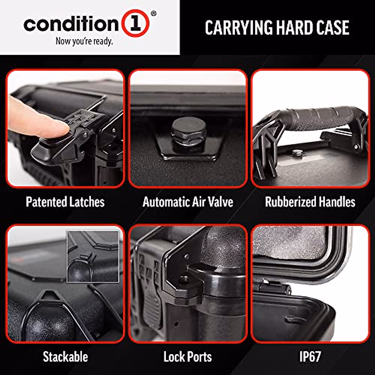 Condition 1 Medium Waterproof Hard Case with Foam, Heavy-Duty Protective Portable Storage Travel Hard Shell Carrying Cases for Camera, Electronics, Tools, Tactical Gear, 18" x 14" x 7"#801, Black