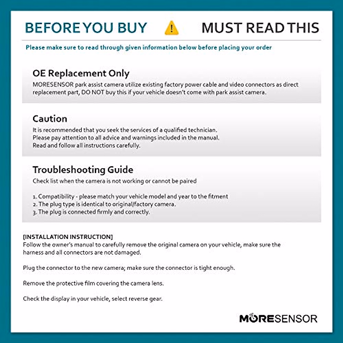 MOREsensor Park Assist Backup Camera | Direct OE Replacement for 84032513/84062896/23363727 | Compatible with Chevrolet Silverado & GMC Sierra | CGM-002