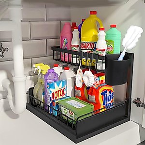Lonffery Under Sink Organizers and Storage, Under Sink Shelves with Pull out Sliding Drawers, 2 Tier Cabinet Organizer with 4 Hooks and Hanging Cup for Bathroom and Kitchen, Black