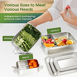 SUTETLW 304 Stainless Steel Bento Box 3 Pack Stainless Steel Containers With Lids 2400/1400/850ml,Leak-Proof & Stackable Storage Stainless Steel Food Storage Containers for Soup Salad Leftover