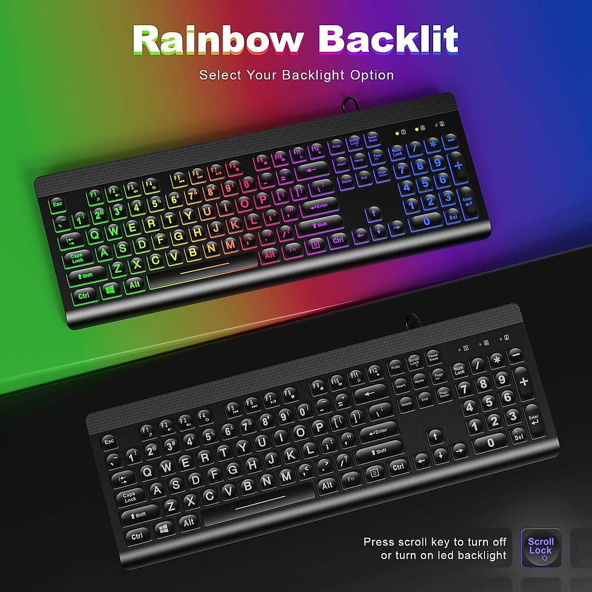 Meidosa Backlit Keyboard Wired Large Print, Computer Keyboard with Rainbow Illuminated LED, USB Keyboard with Numeric Keypad and Media Hotkey for Windows PC Laptop