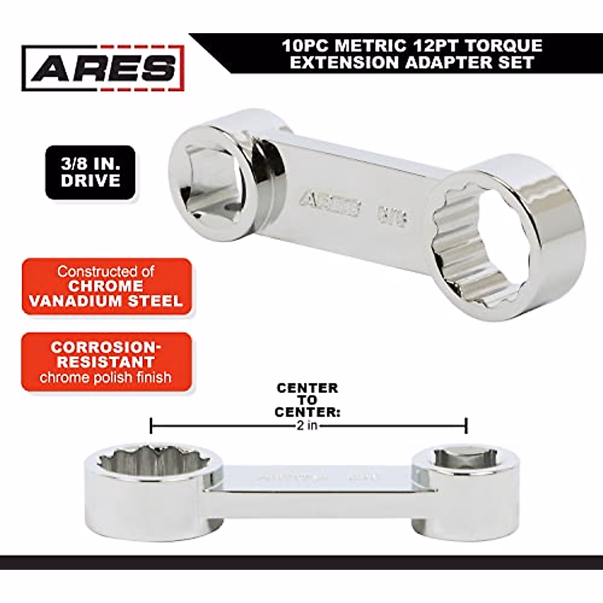 ARES 43036 – 10-Piece Metric 12-Point Box End Torque Adapter Extension Set – 3/8-Inch Drive - Extensions for Torquing in Hard to Reach Places – Chrome Vanadium Steel Construction – EVA Foam Tray