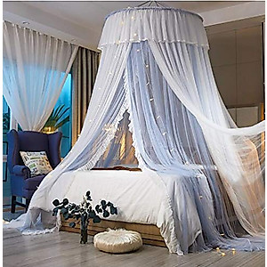 Mengersi Bed Canopy for Girls with Stars String Lights,Decor Bed Drapes-Double Layer Mesh Dreamy Bed Netting Use to Cover The Baby Crib, Kid Bed Single to King Size -Extra Large (Gray Blue and White)