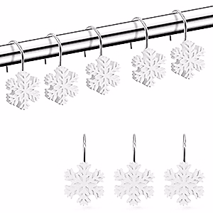 Shower Curtain Hooks, Snowflake Shower Curtain Rings Christmas Shower Curtain Hooks for Winter Bathroom Restroom(Snow)