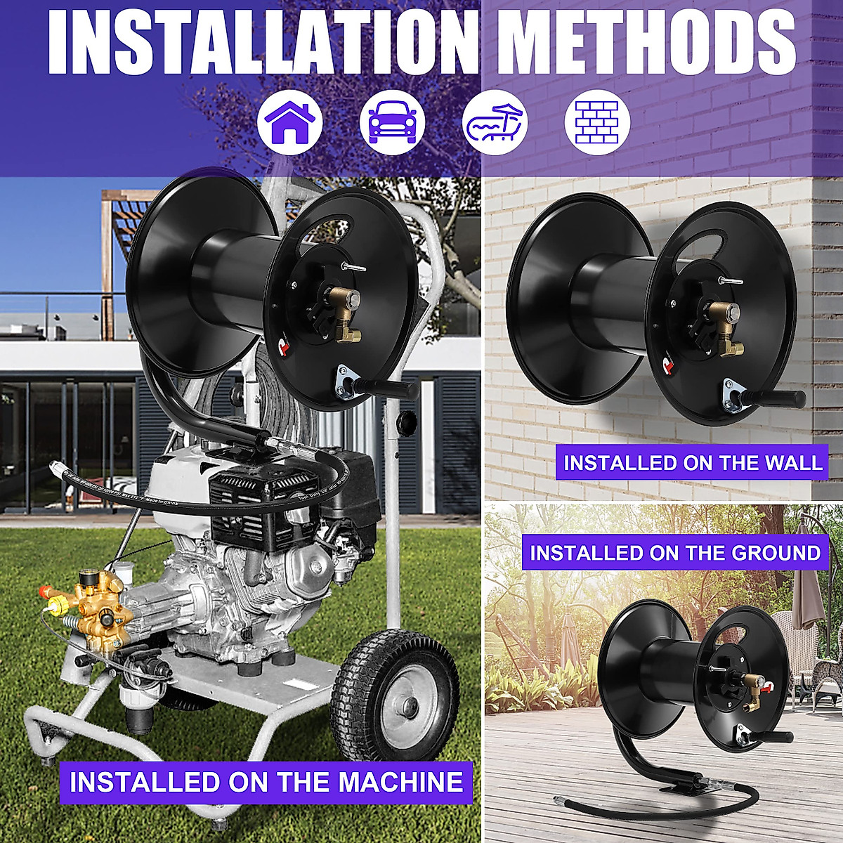 Tool Daily Pressure Washer Hose Reel, 150 FT Heavy Duty Steel Hose Reel for Power Washer, 3/8" Hose Reel Hand Crank, 4000 PSI