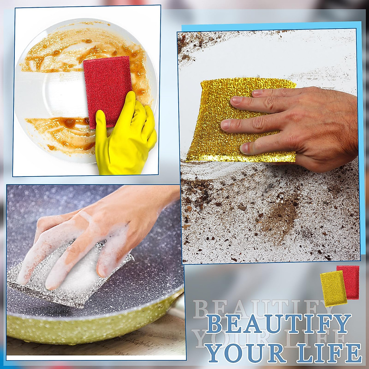 Dandat 40 Pack Steel Dish Sponge Bulk Scrub Sponge Multipurpose Kitchen Scrub Sponges Non Scratch Sponges for Household Cleaning, Dishes, Bathroom, Car, Gold Silver Blue Red