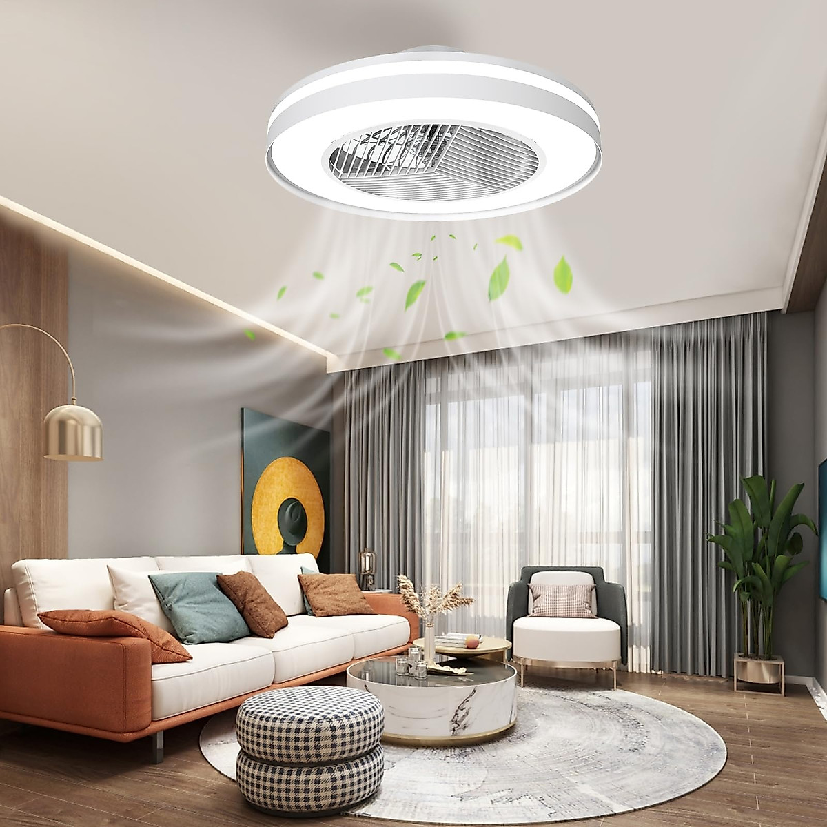 Ceiling Fan with Lights Remote Control,Dimmable Fan Lighting, 20'' Enclosed Bladeless Fan, Semi Flush Mount,2.4GHz Wi-Fi Bluetooth & App Controlled Works with Alexa and Google Assistant (Matte White)