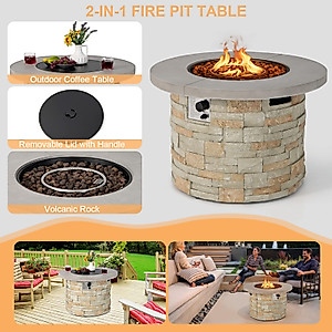 Tangkula 50,000 BTU Propane Gas Fire Pit Table, Patiojoy 36” Round Propane Firepit with Removable Lid, Volcanic Rock & PVC Cover, Outdoor Fire Pit Table with Faux Stone Surface for Patio, Backyard