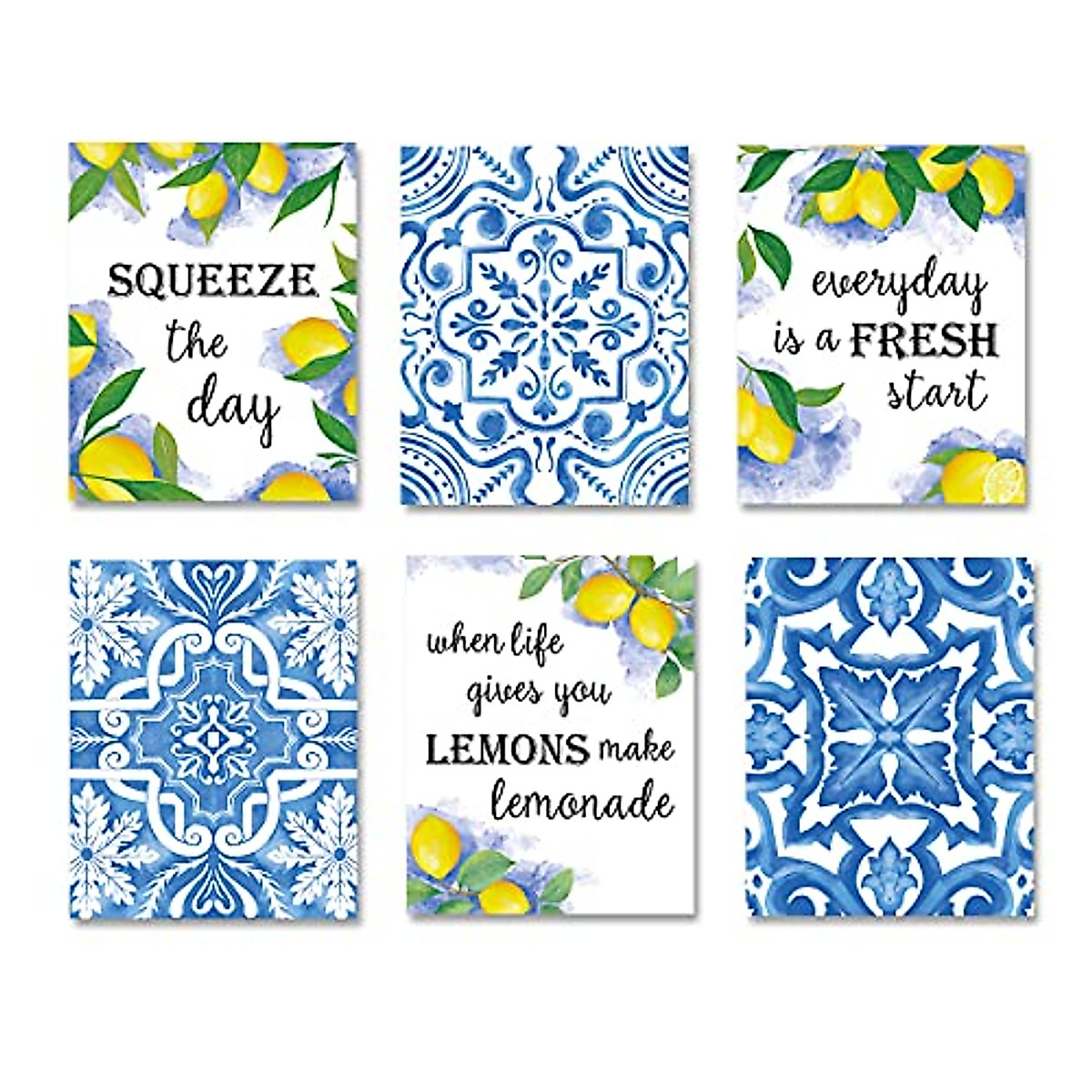 XUOIAYNB Blue Flower Pattern Lemon Art Print-- Mexican Tile Lemon Fruit with Inspirational Quote Canvas Wall Art--(8”X10”X6 pcs, Unframed)--Perfect for Kitchen Bedroom Decoration