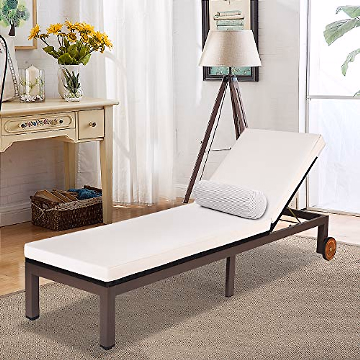 HAPPYGRILL Patio Chaise Lounge Chair Outdoor Rattan Lounger Recliner Chair Adjustable Position Folding Wicker Lounge Chair with Cushion & Wheels for Garden Patio Poolside