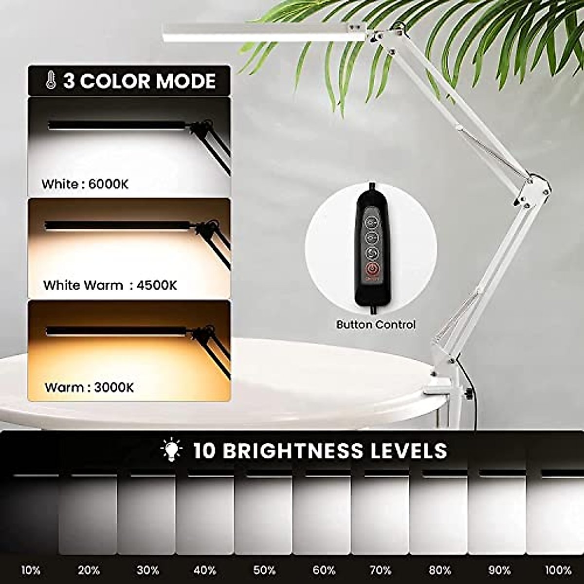 LED Desk Lamp, BZBRLZ Metal Swing Arm Lamp, Eye-Caring Architect Task Lamp, Dimmable Office Table Lamp with 3 Color Modes, 10 Brightness Levels & Adapter, Memory Function(White)