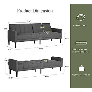 CHYMSUN 82" Convertible Futon Sofa Bed, Comfy Fabric Folding Sleeper Couch Bed w/USB & Adjustable Backrest, 3 in 1 Modern Foldable Recliner Loveseat Futons for Living Room, Apartment, Office (Grey)