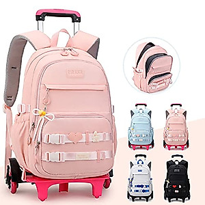 MITOWERMI Girls Rolling Backpack for School Boys Wheeled Backpacks for Women Kids Trolley Bags Pink Roller Bookbag for Elementary Middle Students