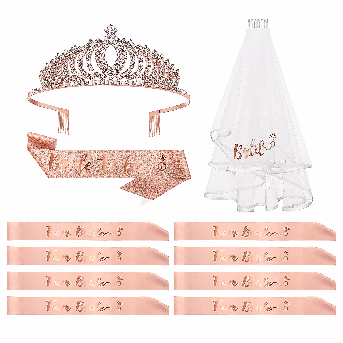 Bachelorette Party Decorations Kit, Bridal Shower Gift Supplies, Rose Gold Bride to Be Bachelorette Sash Veil Crown Tiara for Bride, Team Bride Tribe Sash for Bridesmaids