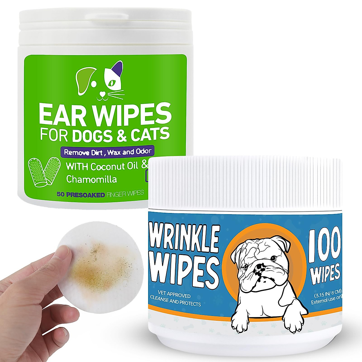 Bulldog Wrinkle Wipes, Cleaning & Soothing + Dog Ear Finger Wipes, Remove Debris, Wax and Odor