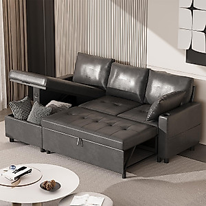 Esright Sleeper Sofa Bed Couch with Pullout Sofa Bed, Faux Leather Sectional Sleeper Sofa Pull Out Couch Bed with Storage USB & Cup Holders, Convertible Sofa Bed Couches for Living Room, Black