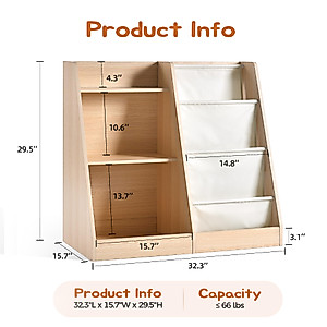 infurnic 3 Tier Kids Wooden Bookshelf Baby Toddler Bookshelf and Toy Storage Organizer with Three Layer Sling Bookcase for Kids Room Playroom Nursery Classroom