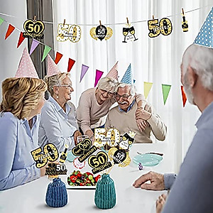 24pcs Happy 50th Anniversary Decorations Table Centerpiece Sticks, Black Gold 50 Year Wedding Anniversary Tables Topper Party Supplies, Fifty Anniversary Sign Decor