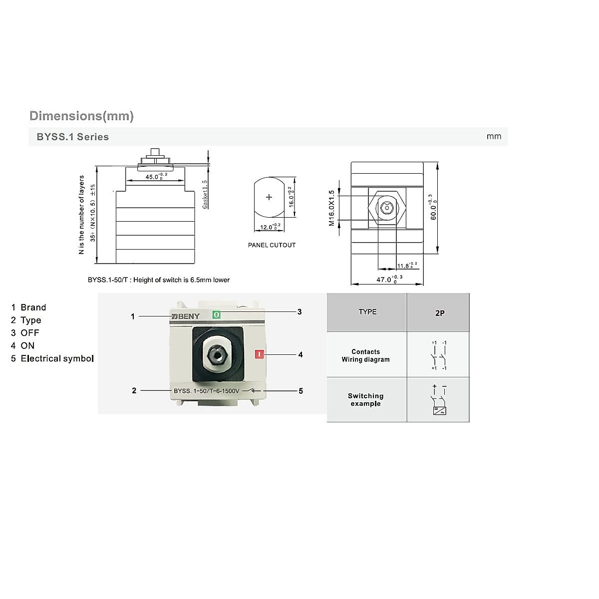 Jonsson 50A 1500V DC Isolator Switch for Solar Applications (Panel Mount, Lockable)