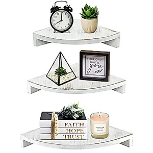 SOLLASI Rustic White Floating Corner Shelves Set of 3, Farmhouse Wooden Corner Wall Shelf, Kitchen Storage Shelf Wall Mount, Hanging Wall Decor Corner Shelf for Bedroom, Living Room, Bathroom, Office