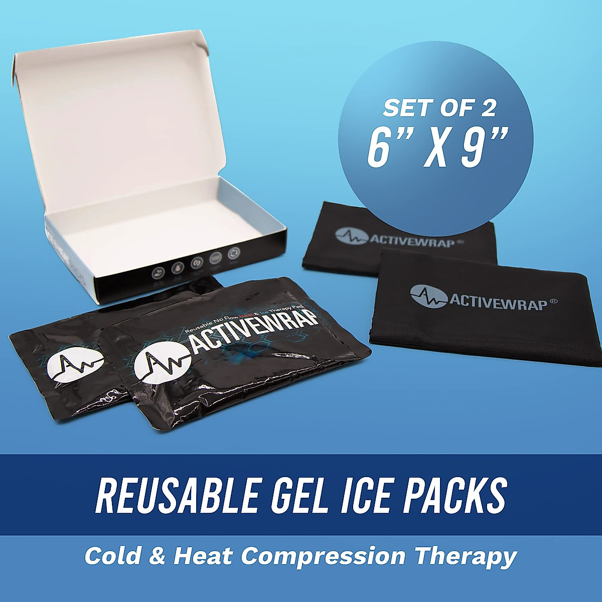 ActiveWrap - Ice Pack for Injuries Reusable Gel Packs, Hot Cold Packs First Aid, Pain Management, Injury Recovery, Ice Compress with Individual Pack Covers, Elbow, Medium, 6 x 9 inches