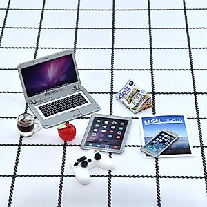 27 Pieces Dollhouse Mini Laptop Tablet and Smart Phone Newspaper Book Miniatures Hamburger Cake Coffee Juice Trolley case DIY Play Game Party Toys Accessories (Silver Set)