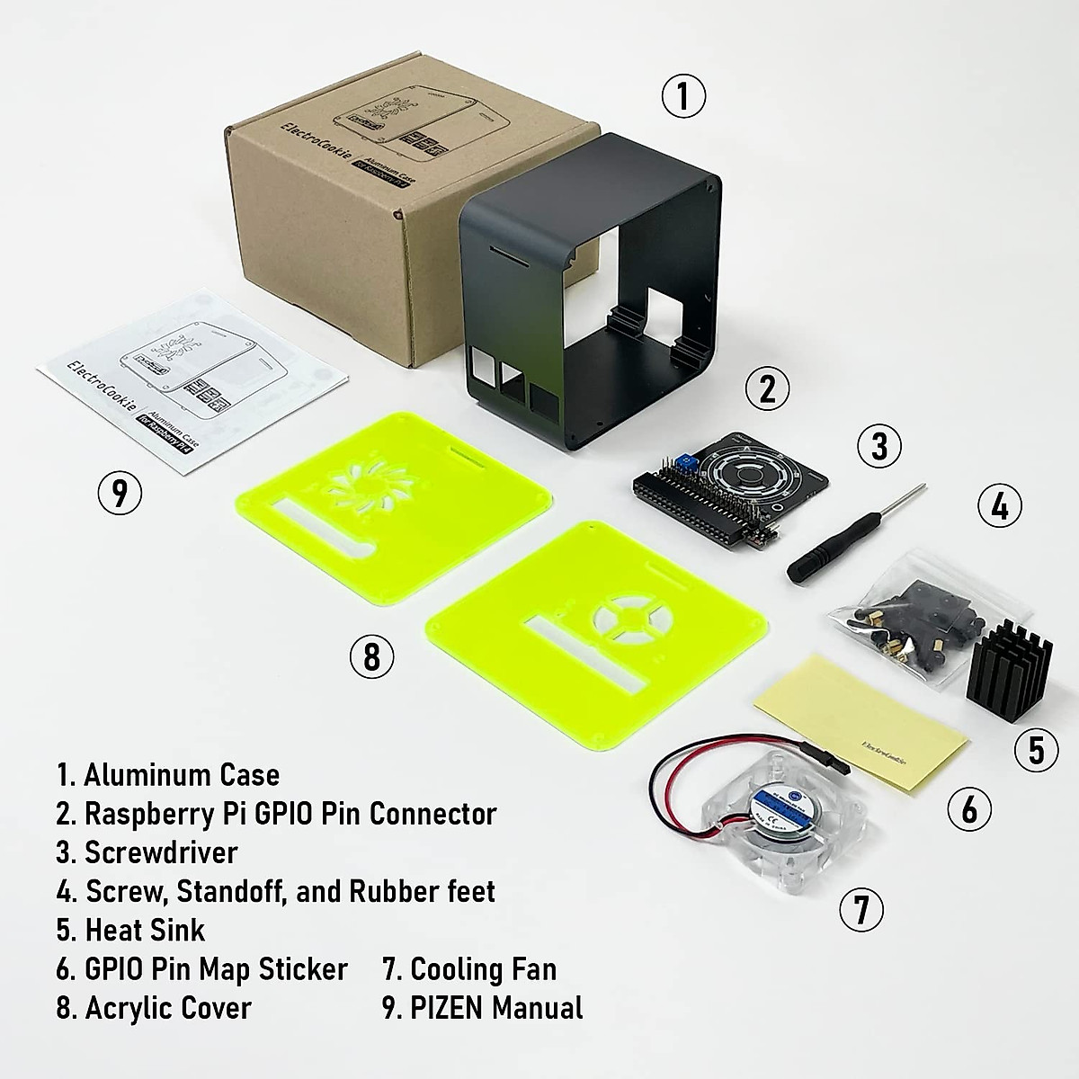 ElectroCookie Raspberry Pi 4 Case, Aluminum Mini Tower Case with Cooling Fan and Color Changing Ambient Light (Black Neon)