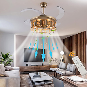 BILPIKOGoo Ceiling Fans with Lights Retractable Blades Caged Ceiling Fan Remote Control 42'' 6 Speeds, 1/2/4 Hours Timing Gold Ceiling Fan for Living Room Bedroom, 35W Reversible Motor