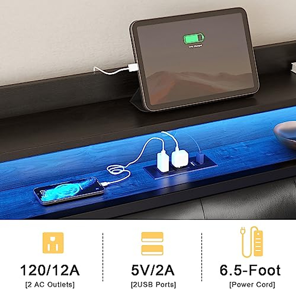 HAUSOURCE Full Bed Frame with Storage Headboard & Footboard Upholstered Platform Bed with LED Lights USB Ports & Outlets No Box Spring Needed