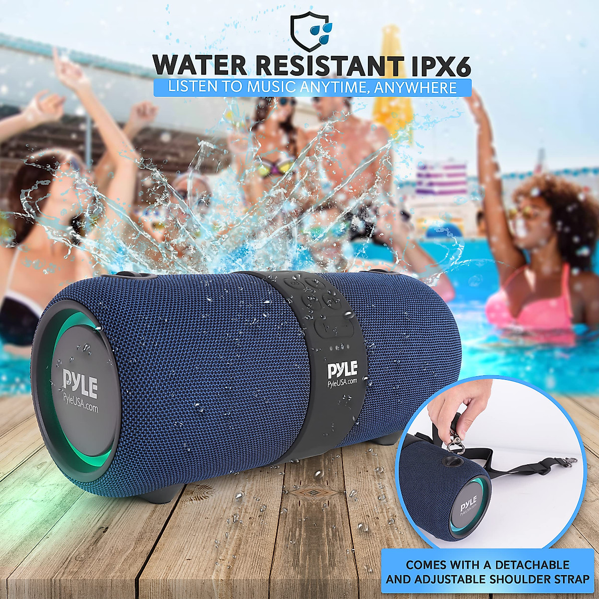 PyleUsa Wireless Portable Bluetooth Boombox Speaker - 2Ch Waterproof Rechargeable Fabric Stereo Speaker w/Google Assistant/Siri Voice Control, TWS Function, USB FM Radio, RGB Lights -PSBWP9BL (Blue)