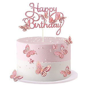 MILIYUKI 13-Pieces 3D Butterfly Cupcake Topper for Girls Women's Happy Birthday Cake Decorations Party Decorations(Pink)
