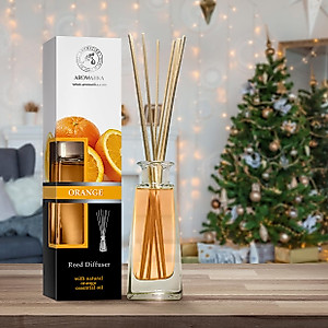 Orange Diffuser w/Orange Oil 3.4 Fl Oz - Fresh Room - Long Lasting Fragrance - Scented Reed Diffuser Orange - Diffuser Gift Set - for Aromatherapy - Home - Orange Essential Oil Diffuser by AROMATIKA