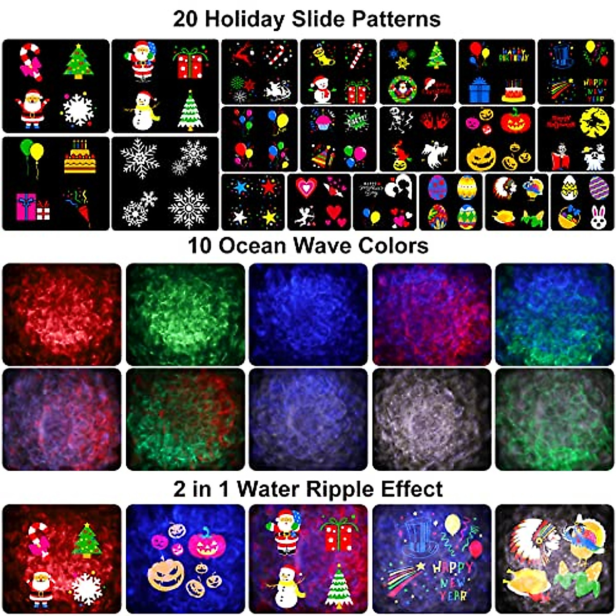 Holiday Projector Lights Outdoor Halloween Christmas LED Projector Lights 3D Ocean Wave & 20 Patterns Projection Light with Remote for Holiday Birthday Xmas Party Landscape Decorations