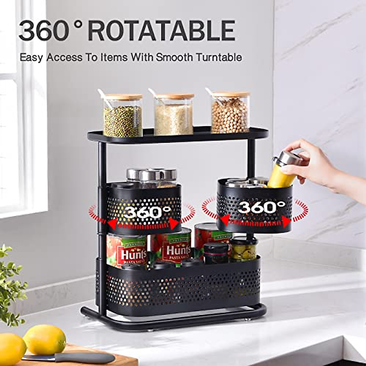 KINGRACK Bathroom Counter Organizer, 3 Tier Rotating Vanity Bedroom Storage cabinet, Cosmetic Holder Standing Shelf, Bathroom Tray for Countertop Storage, Kitchen Spice Rack,Black