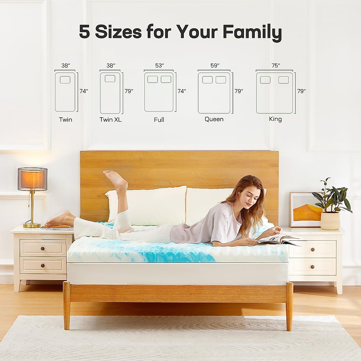 Marsail Twin Mattress Topper, 2-Inch Gel Memory Foam Mattress Topper with Ventilated Design, 5-Zone Support, Cooling Foam Mattress Topper for Sofa, RV, Camper, CertiPUR-US Certified, MSMT02BU-T2