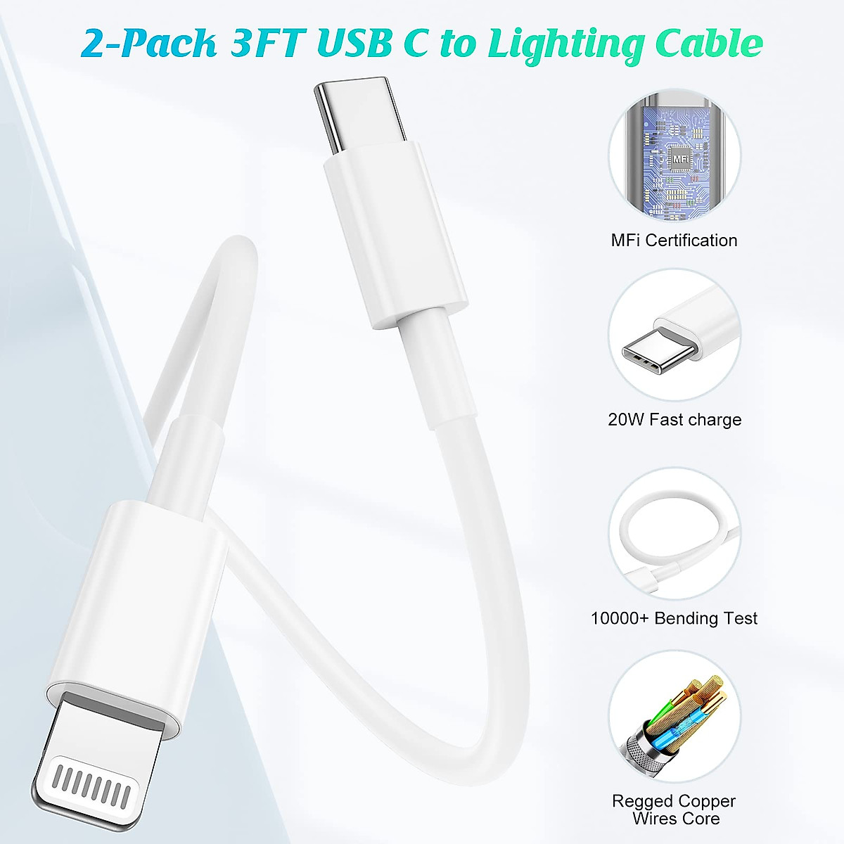 2Pack USB C to Lightning Cable 3FT,[Apple MFi Certified] iPhone 13 14 Charger Cord,iPhone Fast Charger Cord Super Fast for iPhone 14/13/12/11 Pro max/Mini/XS/X/XR/iPad/AirPod/MacBook, White
