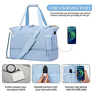 Weekender Bag for Women, Travel Bag with Shoe Compartment & USB Charging Port, Gym Bag with Wet Compartment, Overnight Duffel Bag Hospital Bag for Women Travel Sports Shopping School (Blue)