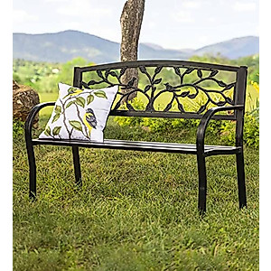 Plow & Hearth Weatherproof Tree of Life Outdoor Bench | Holds Up to 300 lbs | Garden Patio Porch Park Deck | Metal | Black